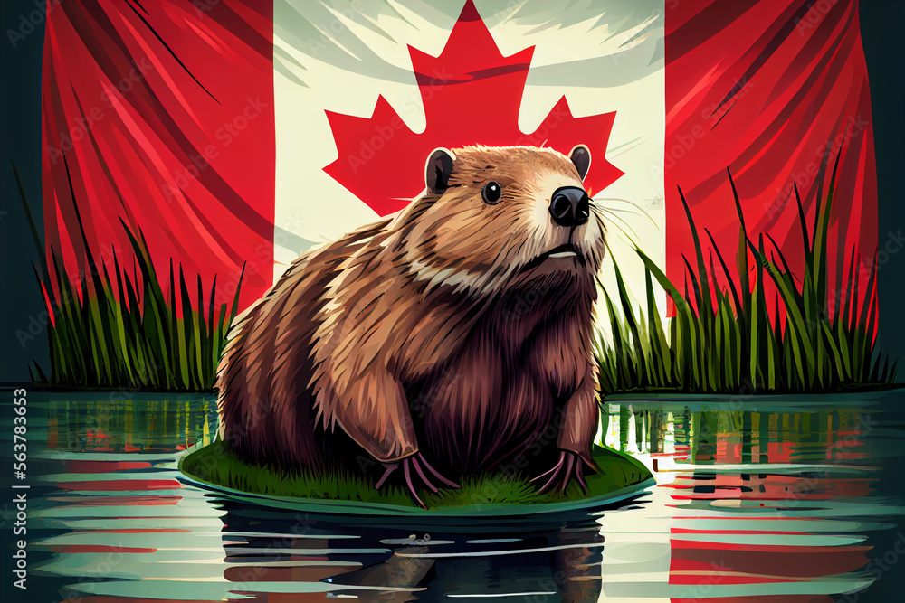 Cartoon beaver in a pond with the Canadian Flag; generative A1. Stock ...