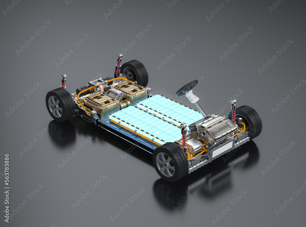 Electric car with pack of battery cells module on platform Stock ...