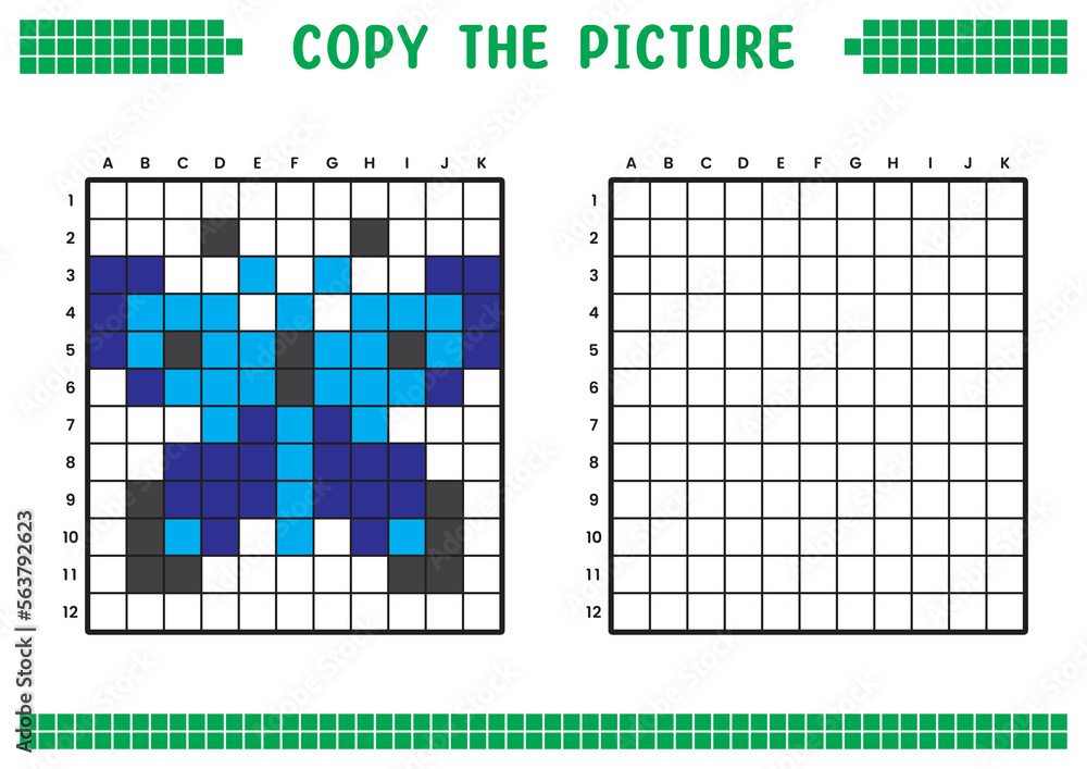 Copy the picture, complete the grid image. Educational worksheets drawing with squares, coloring ...