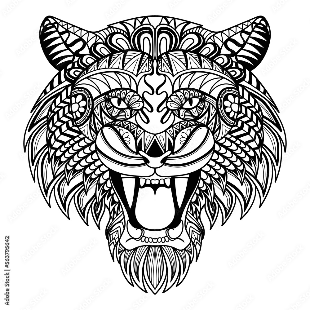 Tiger head angry mandala zentangle coloring page illustration Stock ...