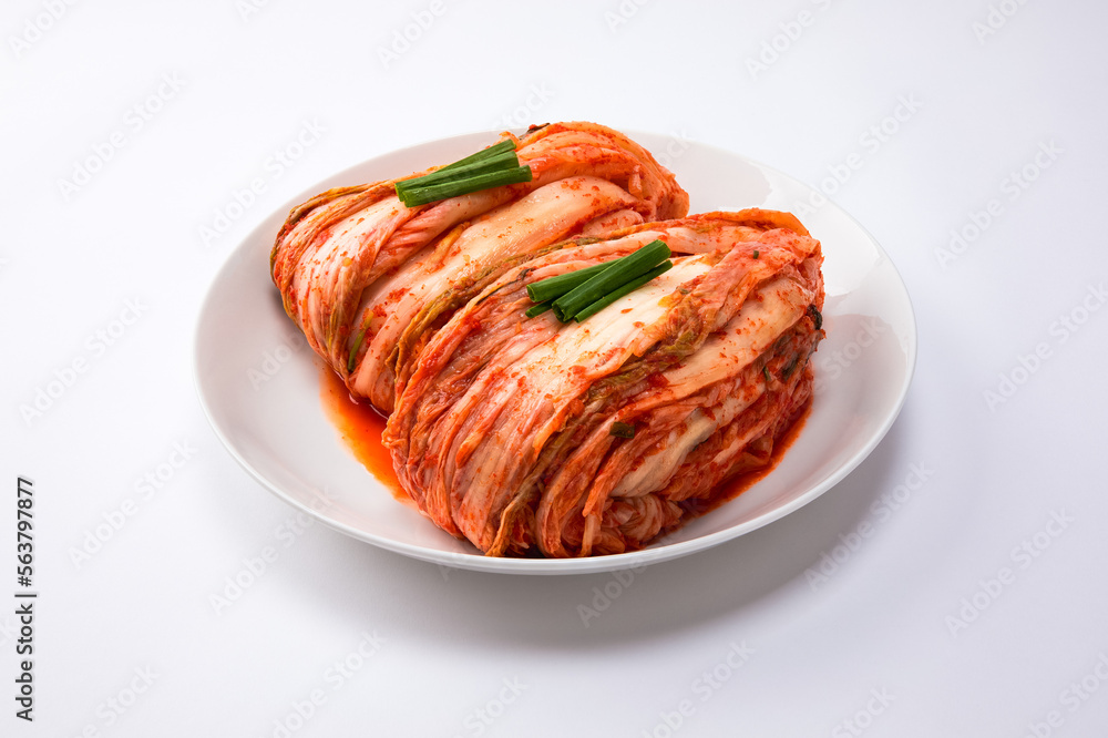 Korean kimchi. Korean traditional cabbage kimchi on a white plate ...