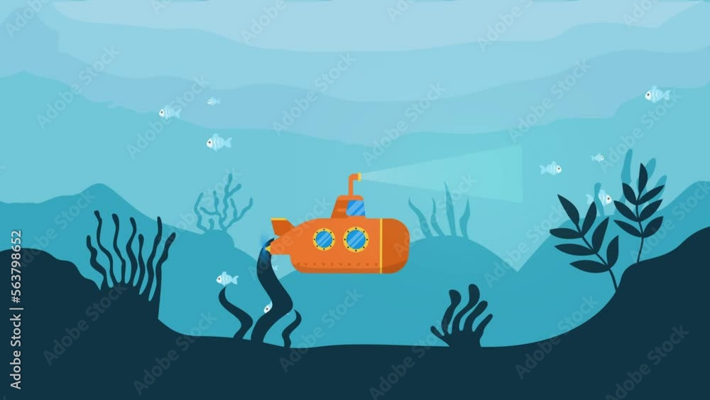 Underwater sea landscape with submarine 2d animation in 4K UHD ...