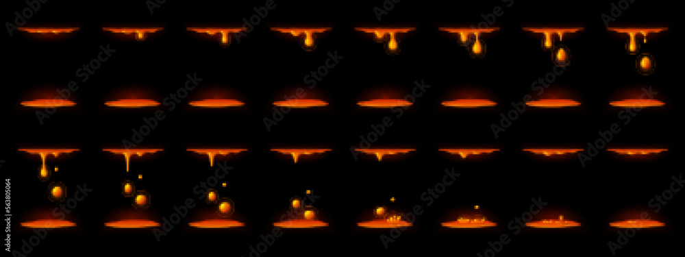 Falling liquid lava drops animation sprite sheet for 2d game. Hot molten magma drips down in ...