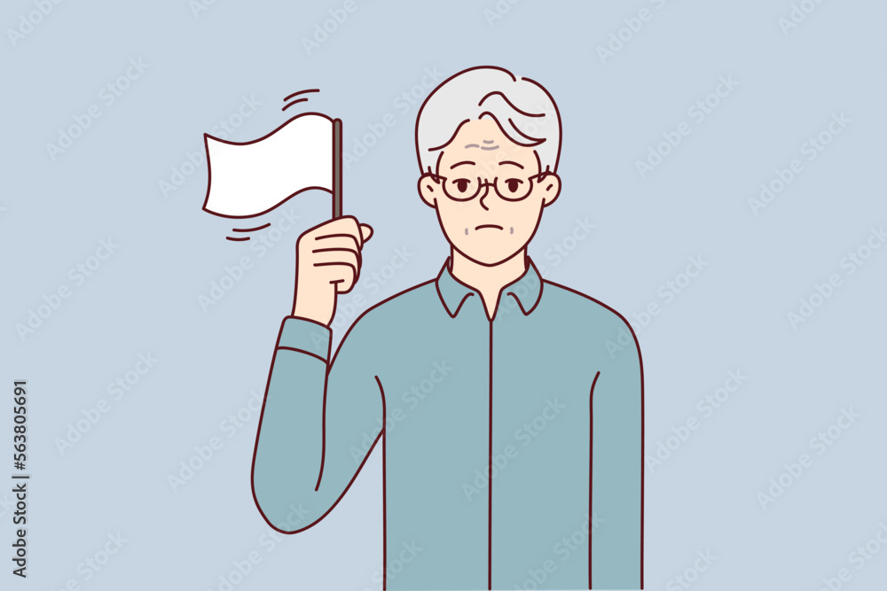 Elderly man with sad face stands showing white flag as sign lack ...