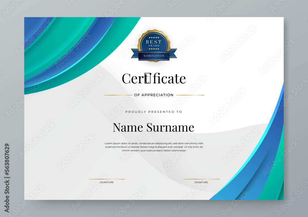 Blue certificate of achievement template set with gold badge and border ...