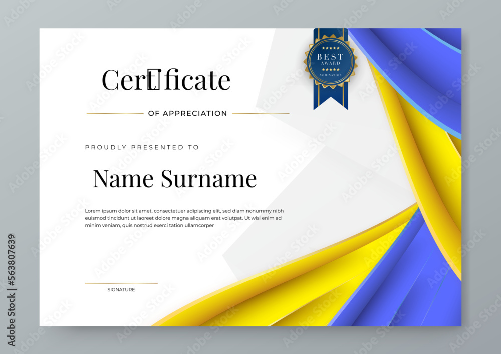 Blue and yellow certificate of achievement template set with gold badge ...