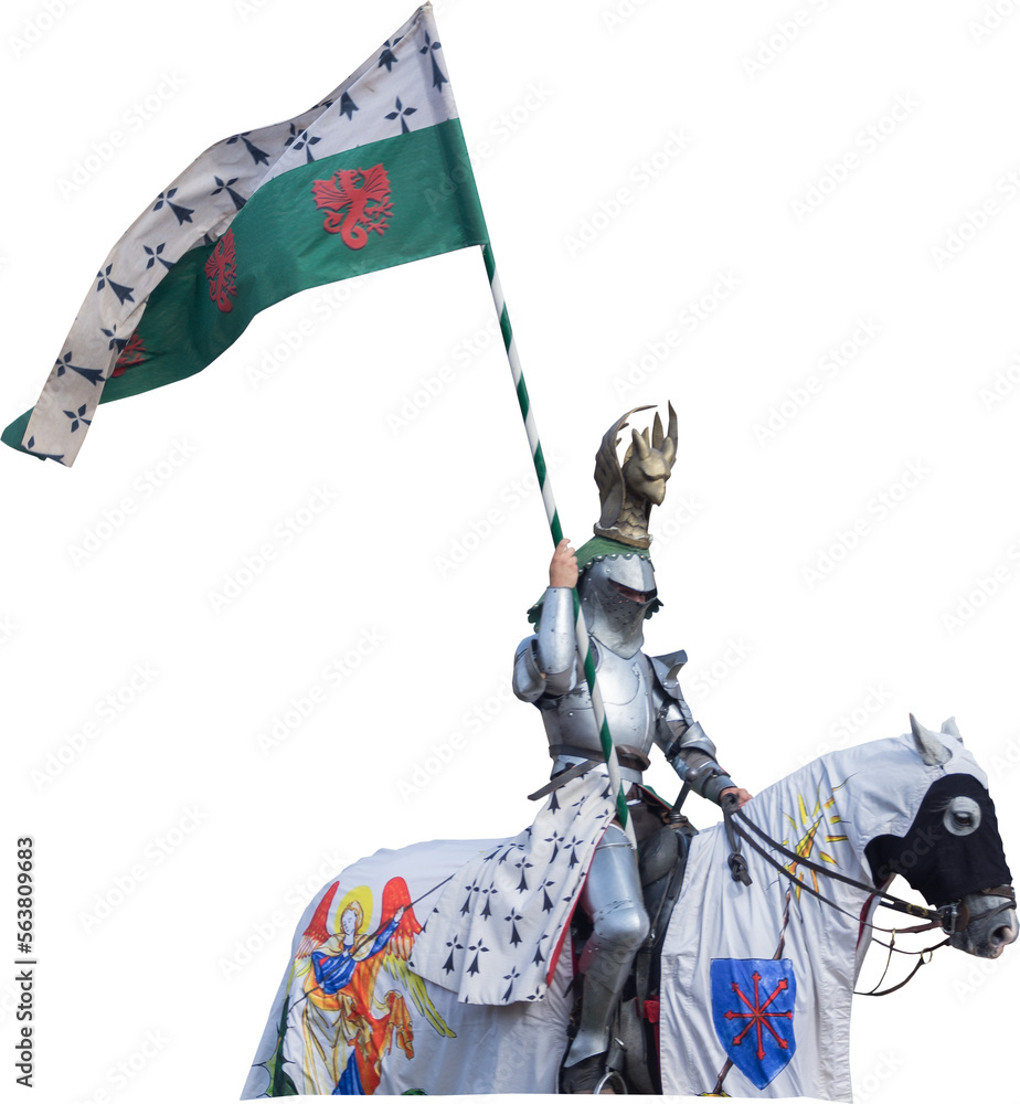 Isolated PNG cutout of a knight holding a flag on his horse on a ...