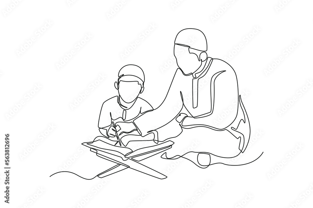 Continuous one line drawing happy father teaching Quran to his son in ...