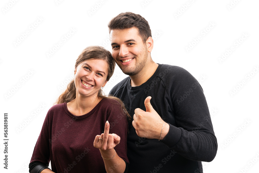 Girlfriend showing middle finger boyfriend making like gesture Stock ...