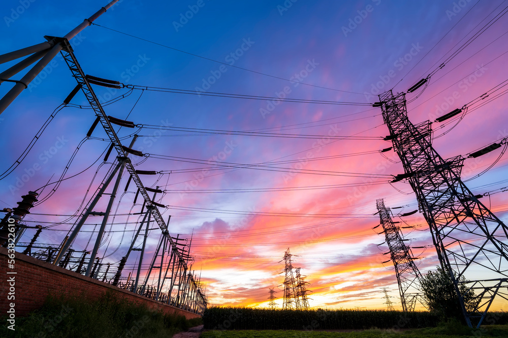 Substation in the evening, High voltage substation and beautiful sunset ...