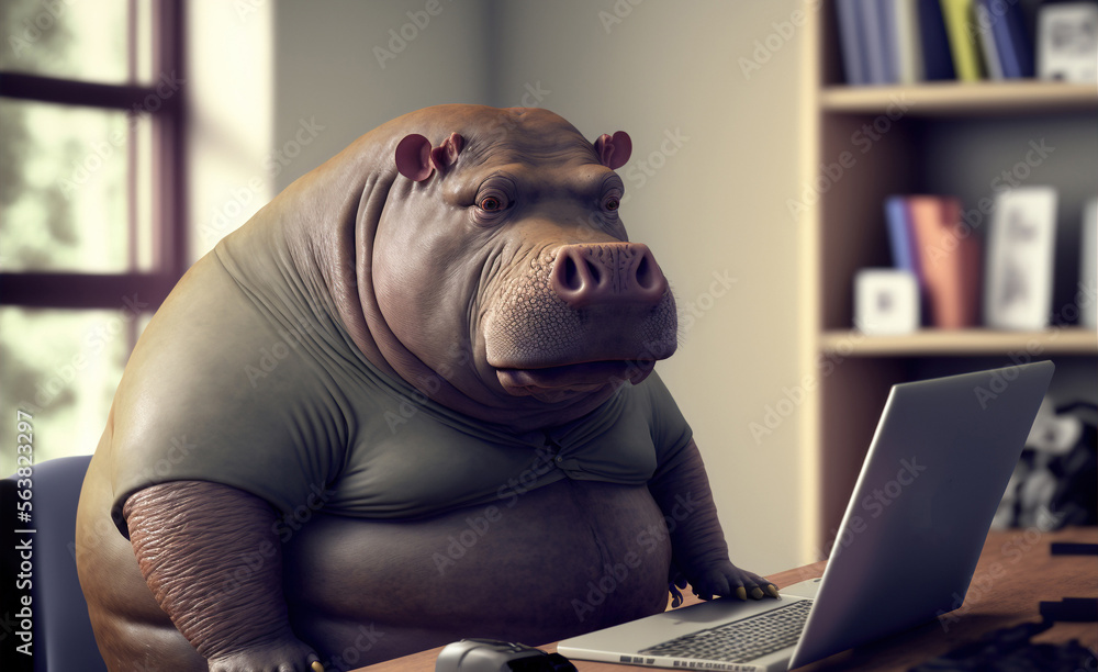 A fat cat is sitting at the office table in front of a computer ...