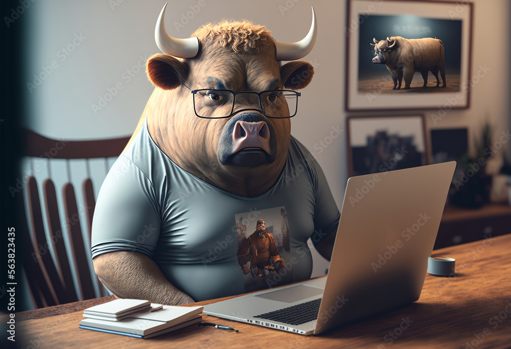 A fat bull is sitting at the office table in front of a computer ...