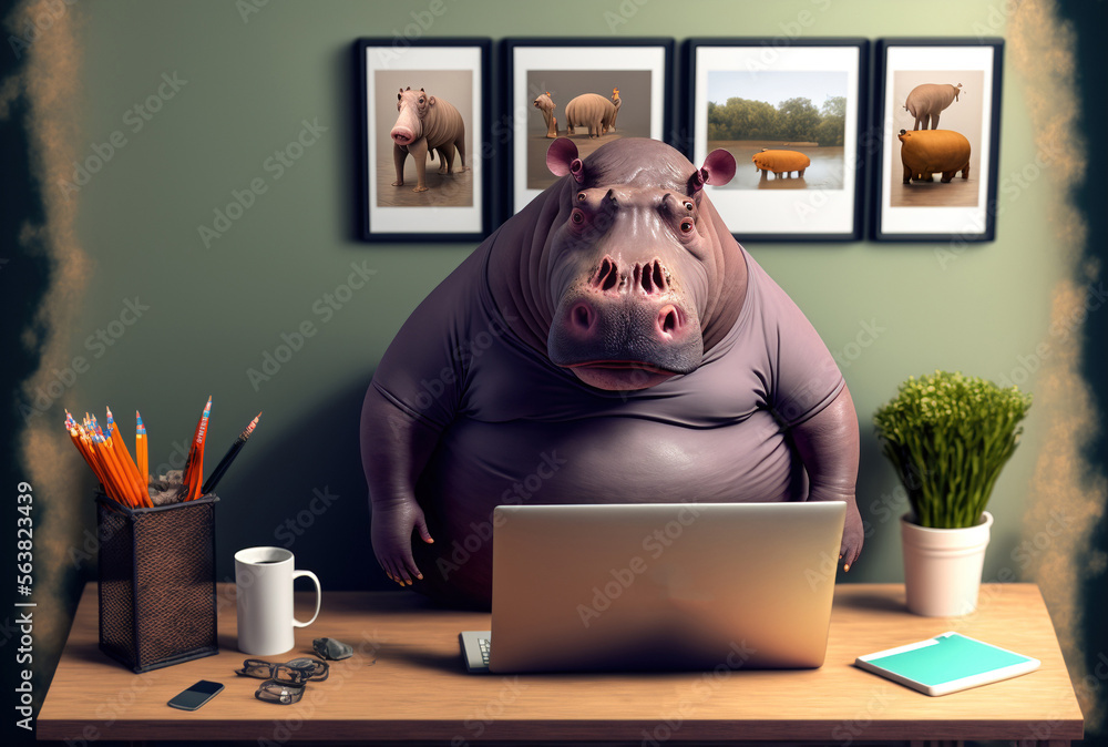 A fat hippopotamus is sitting at the office table in front of a ...