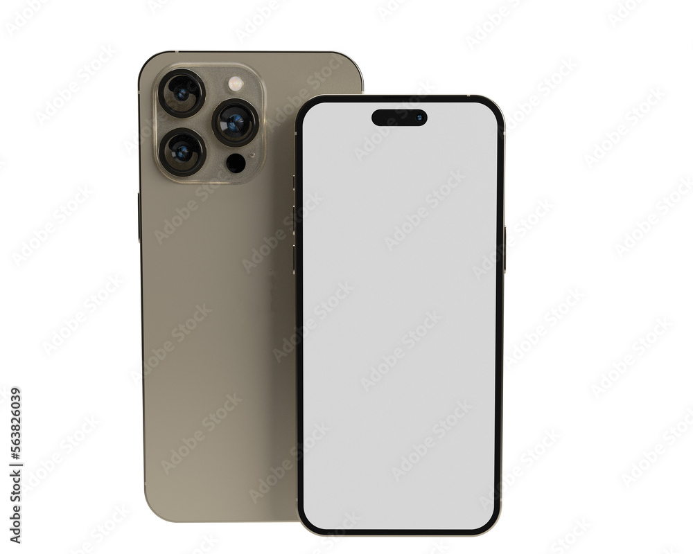 Mobile smartphone front back view golden yellow color white isolated ...