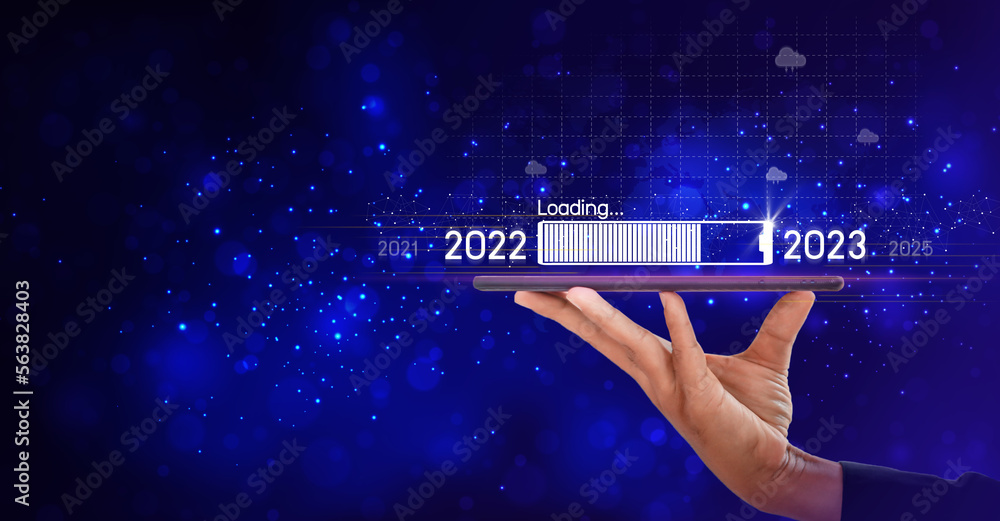 Countdown to 2023 concept. the taps a virtual download bar with a ...