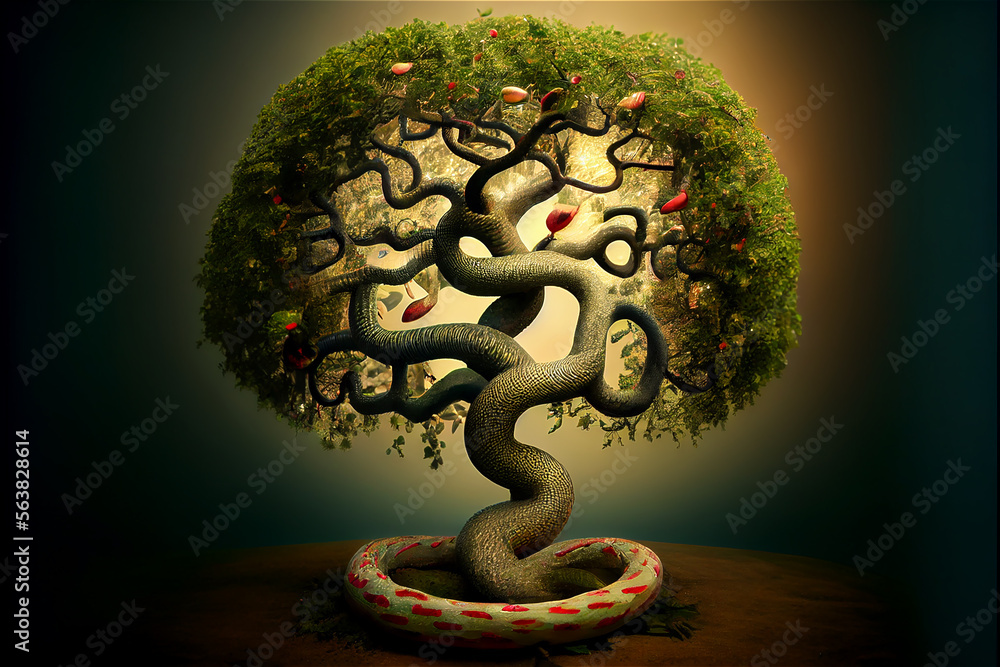 The biblical tree of knowledge with the apples and the serpent, generative AI Stock Illustration ...