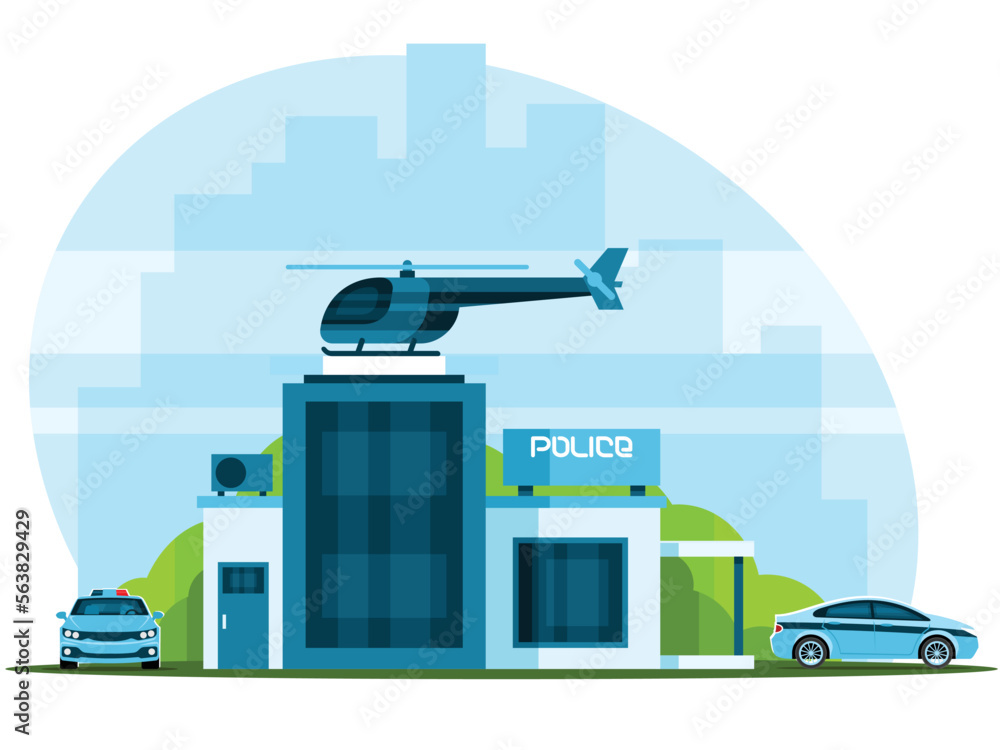 Police station with helicopter and police cars on city background ...