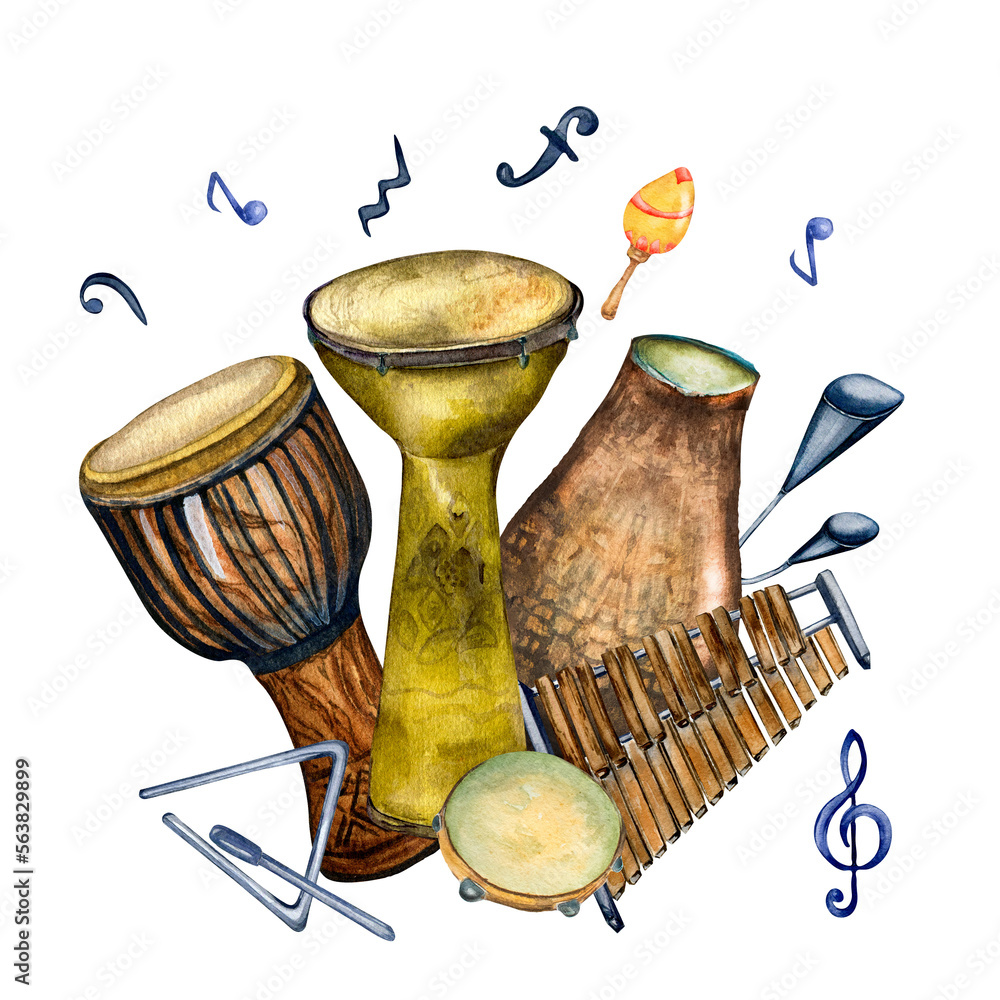 Composition of variouse percussion musical instruments watercolor ...