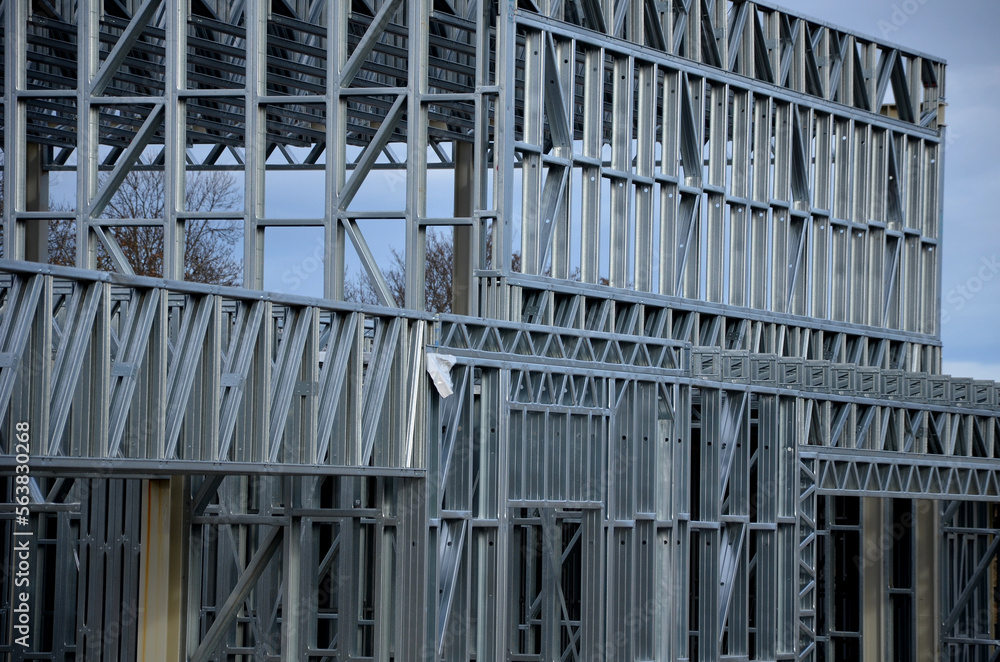 Building construction from metal trusses. lattice structure of the ...