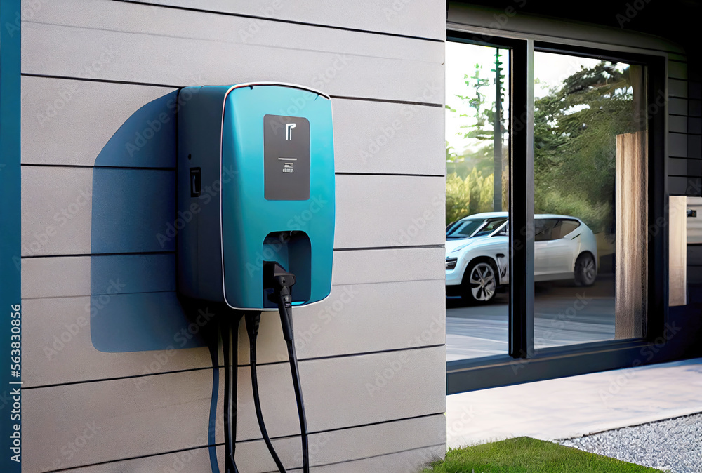 EV car with Electric charging station charger on build in wall at house ...