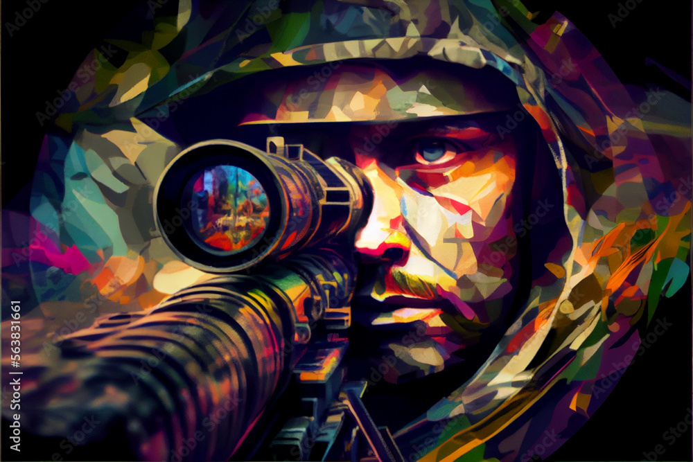 Sniper soldier looks through the scope of his M24 sniper rifle ...