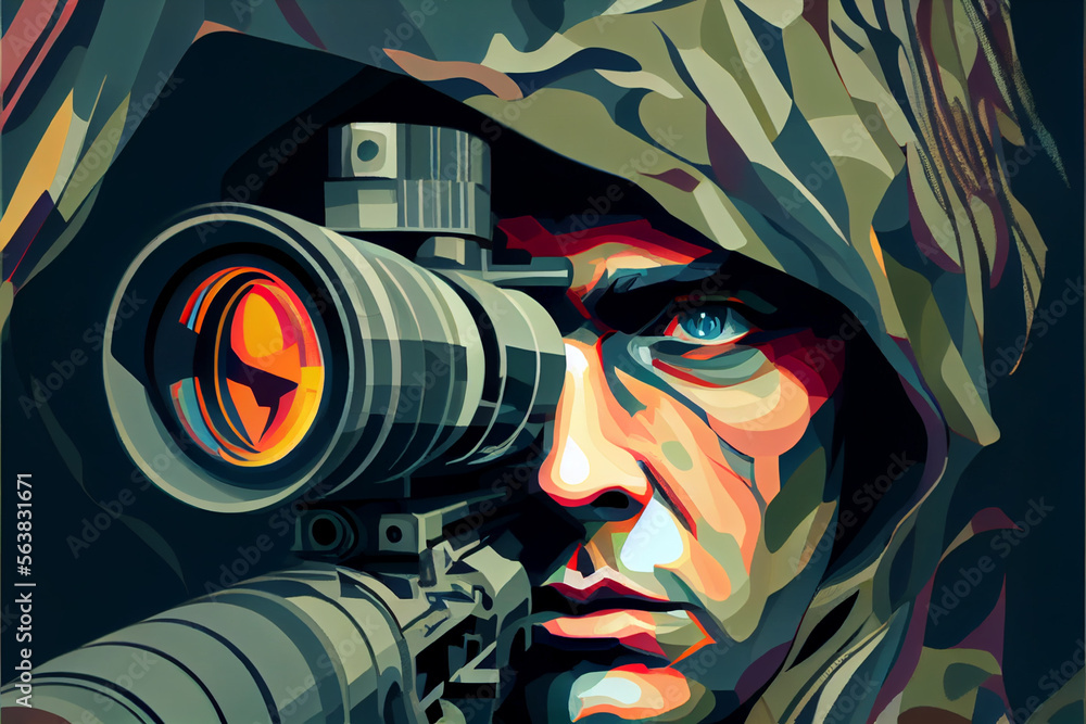 Sniper soldier looks through the scope of his M24 sniper rifle, expensive cubism. Stock ...