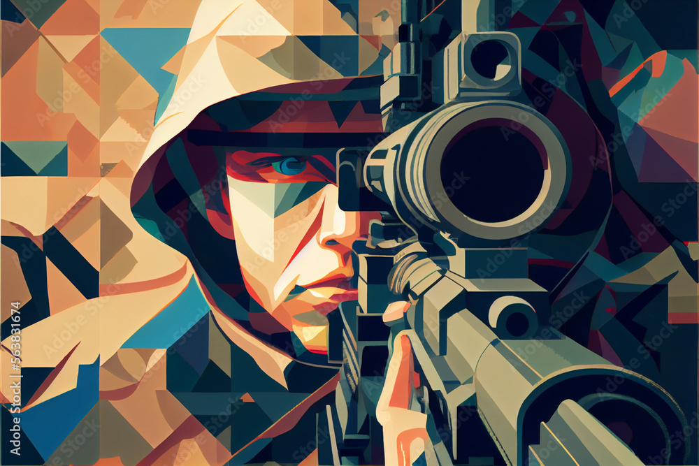 Sniper soldier looks through the scope of his M24 sniper rifle, expensive cubism. Stock ...