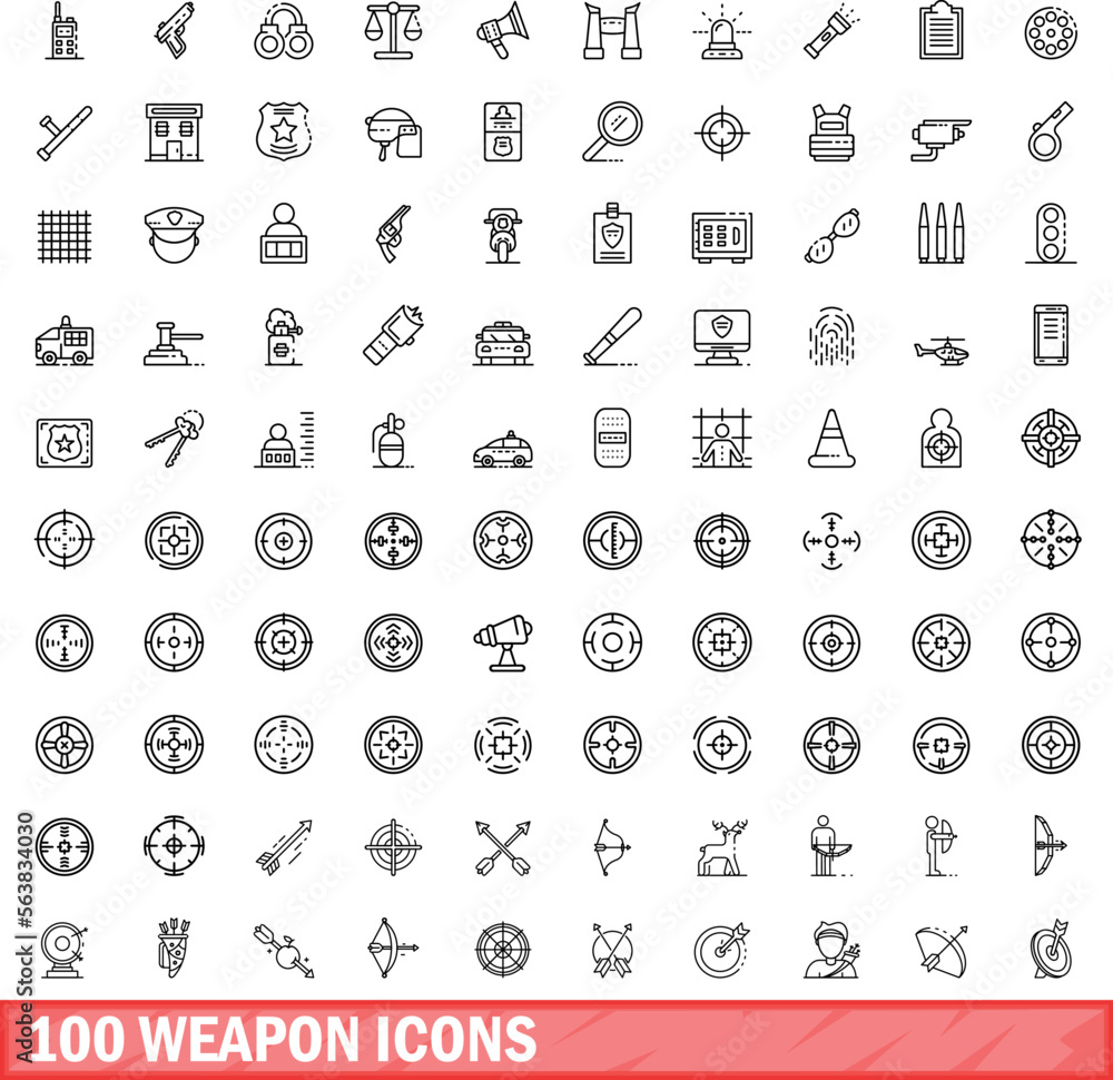 100 weapon icons set. Outline illustration of 100 weapon icons vector ...