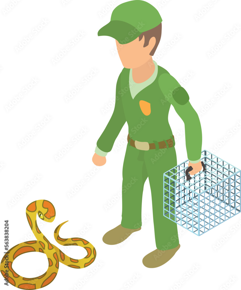 Tiger python icon isometric vector. Man in green uniform near python ...