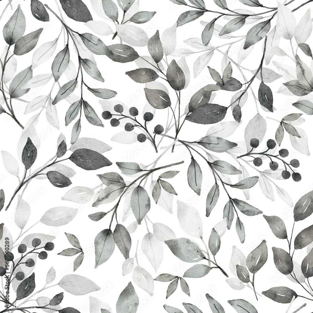 Seamless paper, grey leaves pattern, digital wallpaper. Watercolor ...