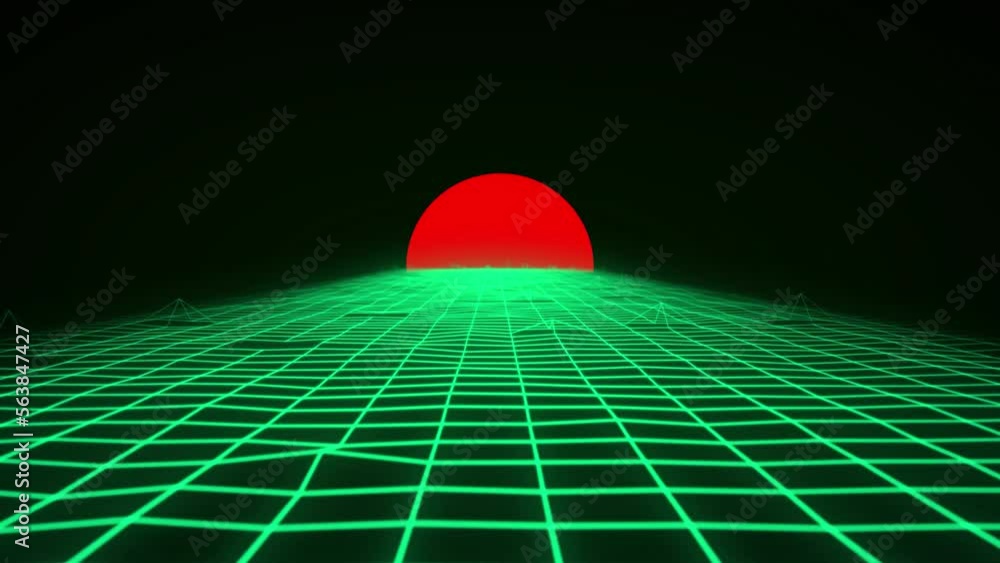 Digital retro landscape with red sun in 1980s style. Futuristic ...