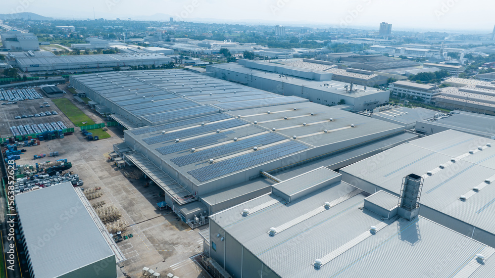Top view Solar Cell on Warehouse Factory. Solar photo voltaic panels ...