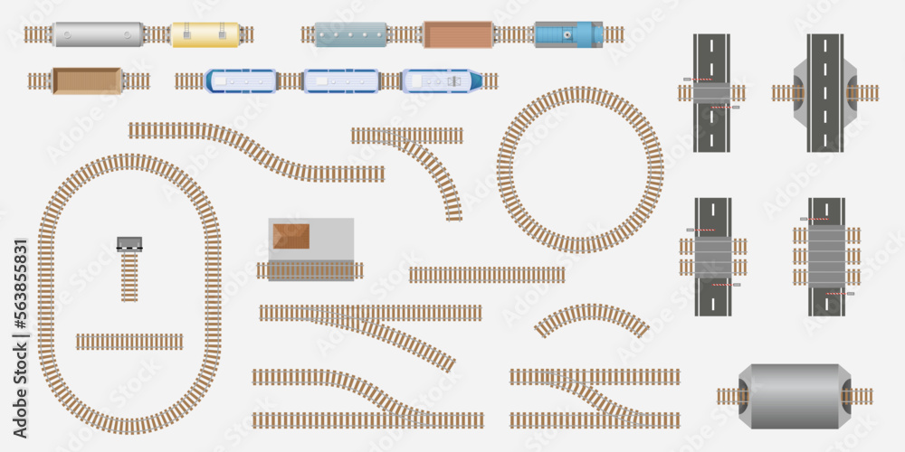 Set of railway parts and trains top view for city map. Railroad train ...