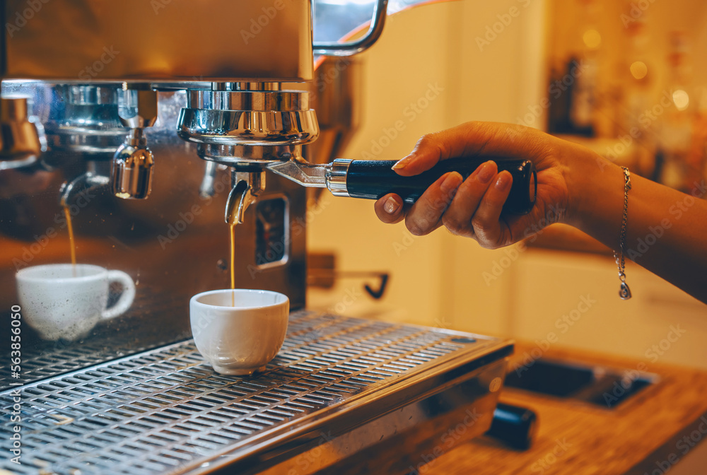 Professional coffee brewing in coffee shop. Barista make coffee cup ...