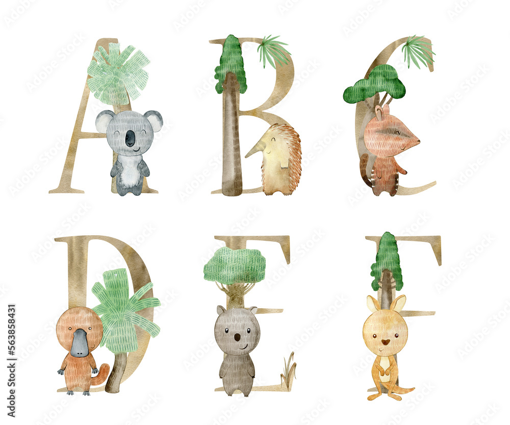 Watercolor australian animals letters for invitation card, nursery ...