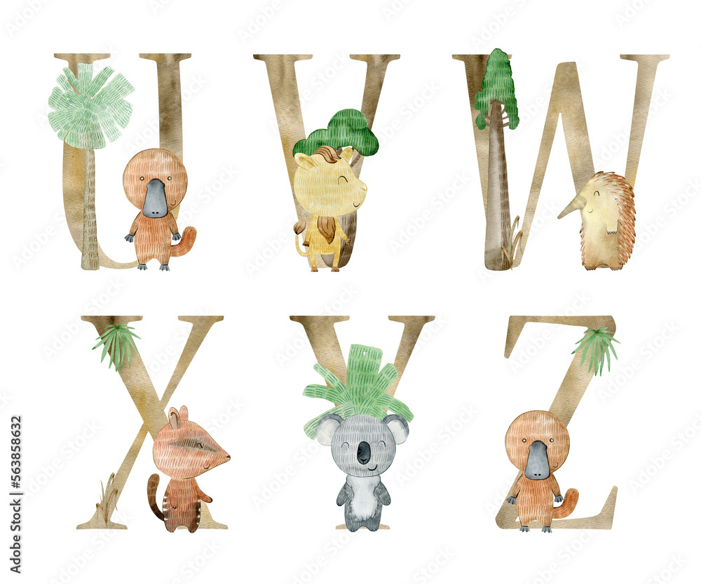 Watercolor australian animals letters for invitation card, nursery ...