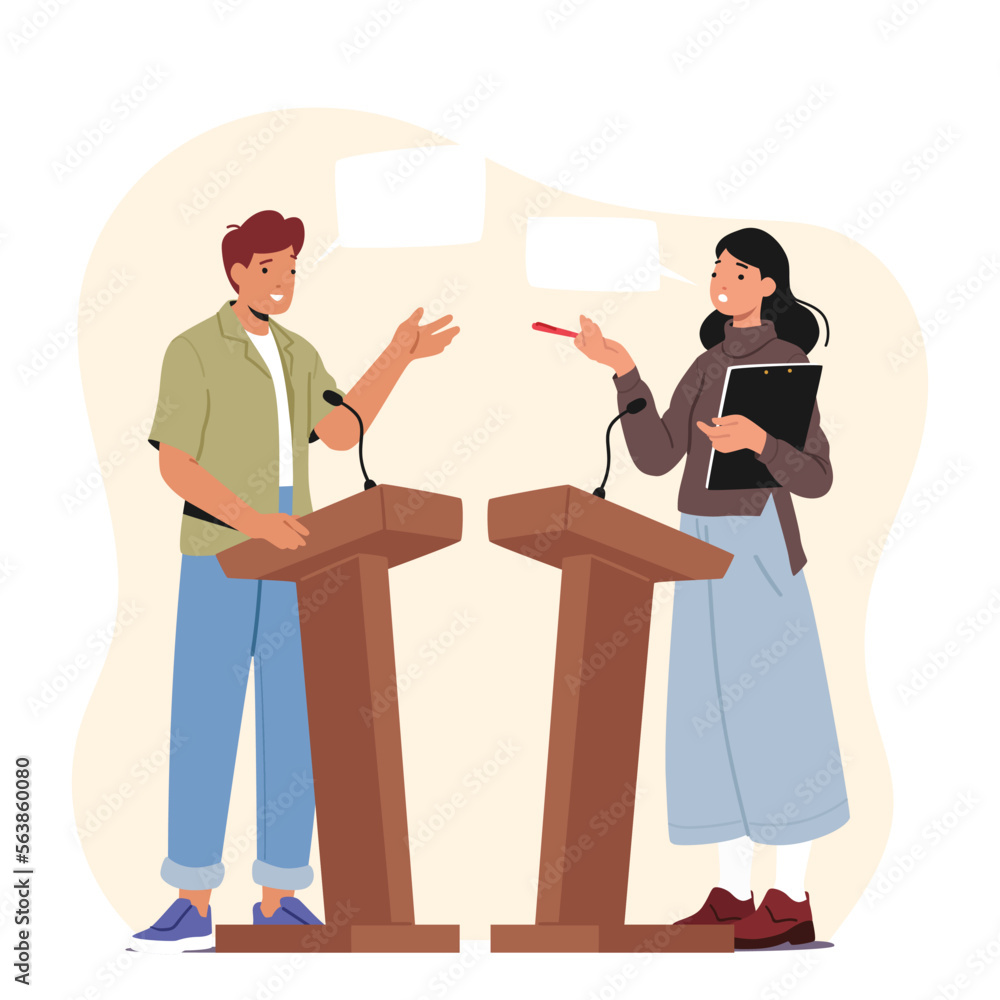 Male Female Politician Characters Debate On Rostrum for Gender Equality ...