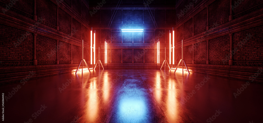 Sci Fi Alien Cyber Dark Stage Hallway Room Corridor Neon Blue Orange ...