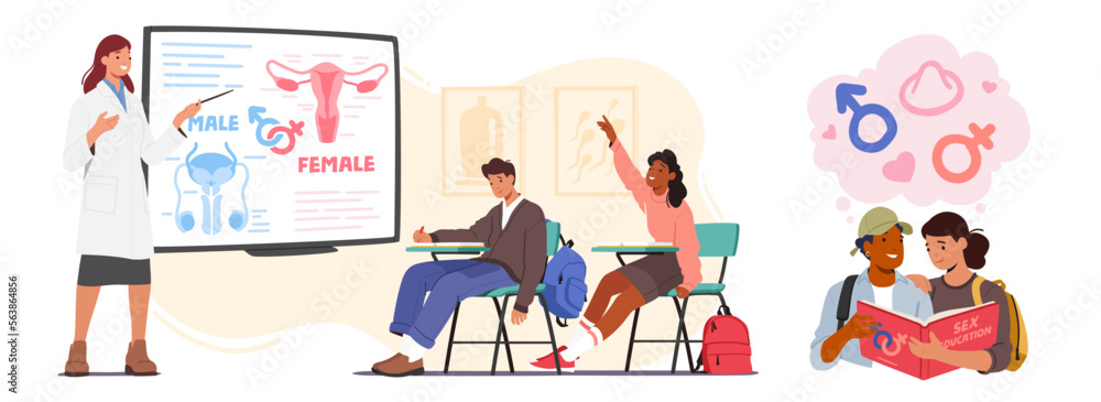 Sex Education In School Concept Teacher Stand At Blackboard Explain To