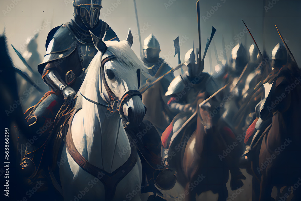 Fantasy medieval battle, knights crossing the desert, there is ice and ...