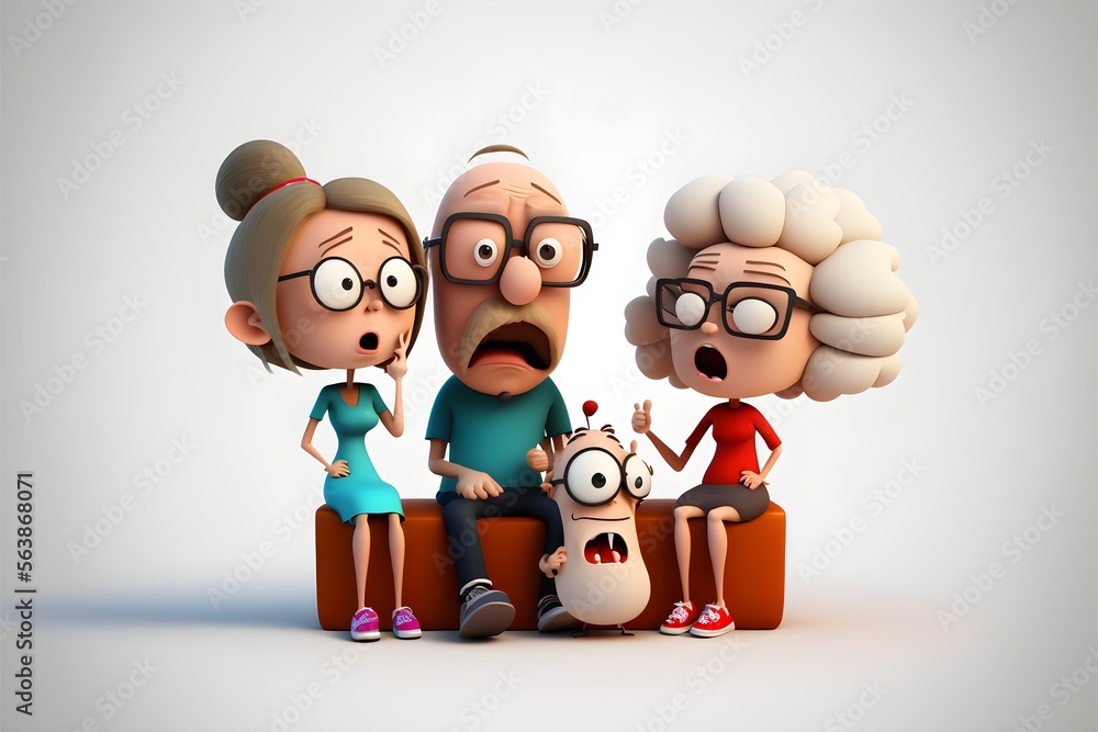 Grandparents with grandchild sitting on chair and talking so excited.3d ...