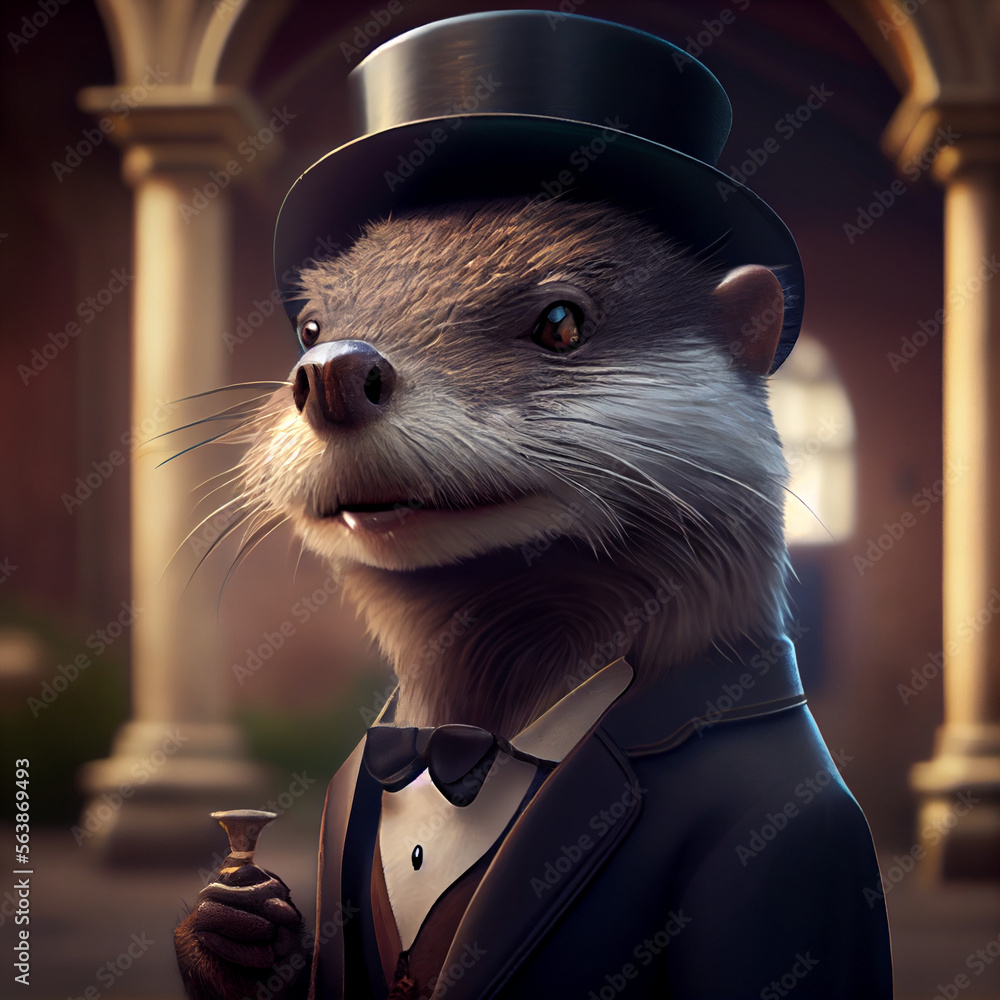 Evil otter wearing a top hat and a cane, inside old ruins Stock ...