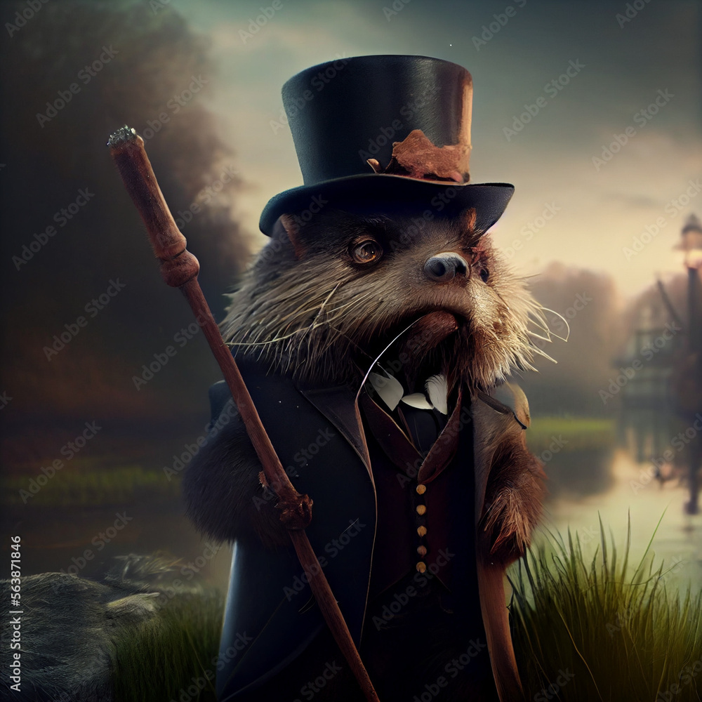 Evil muskrat wearing a top hat and a cane, standing in a field on grass ...
