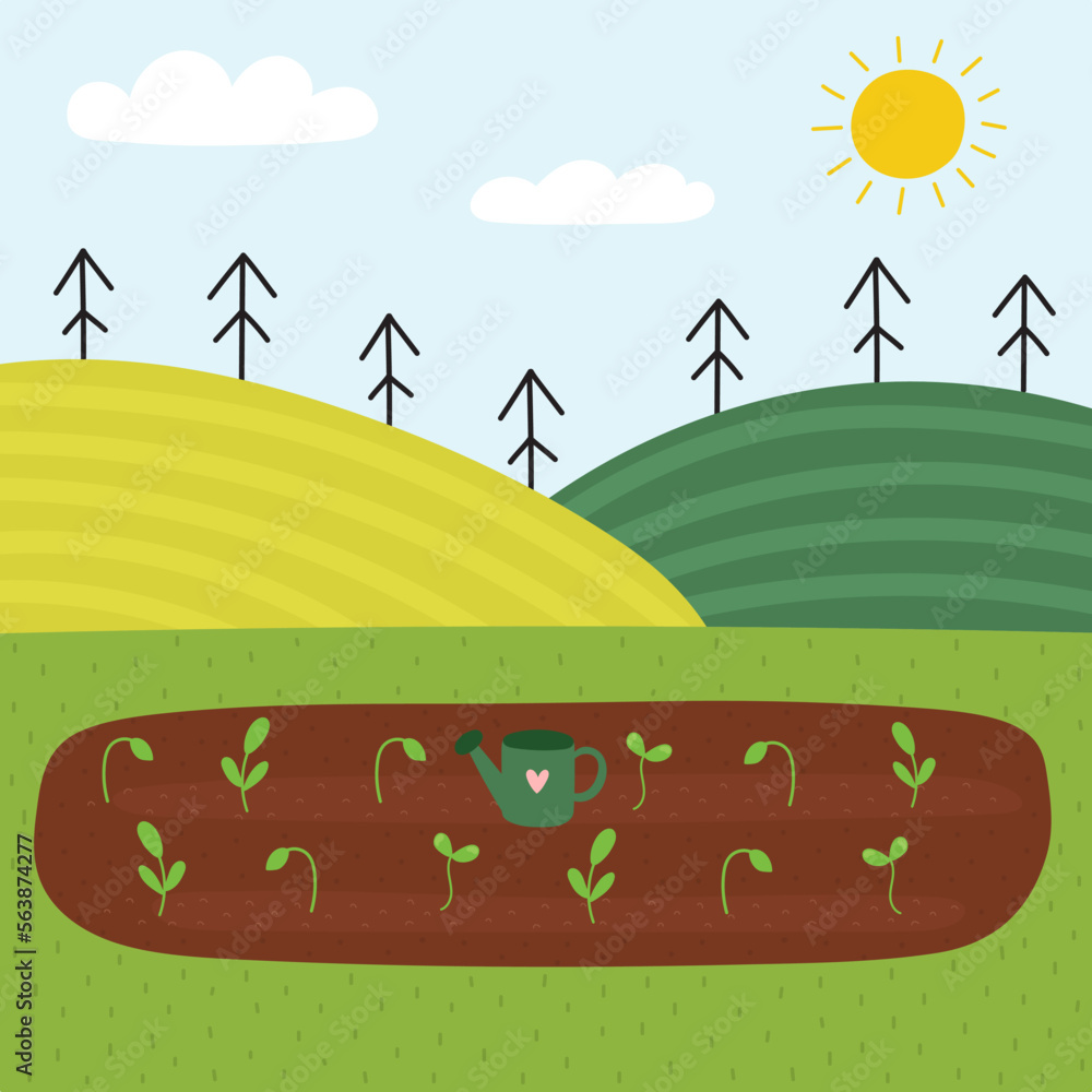 Green field landscape with a garden bed in cartoon style. Meadow with ...