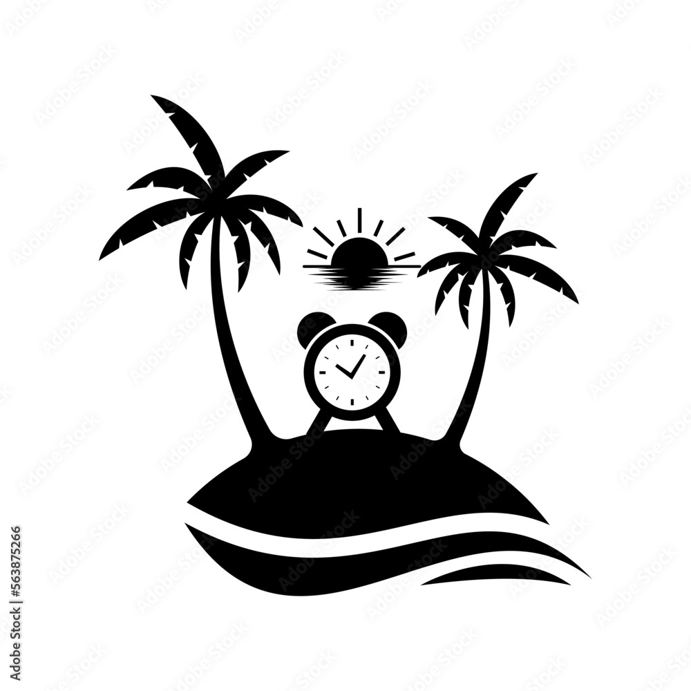 tropical island with palm icon. Time care. value of time. Alarm clock ...