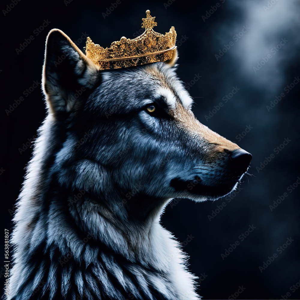 ภาพประกอบสต็อก photo of a Wolf with a crown on its head looking at ...
