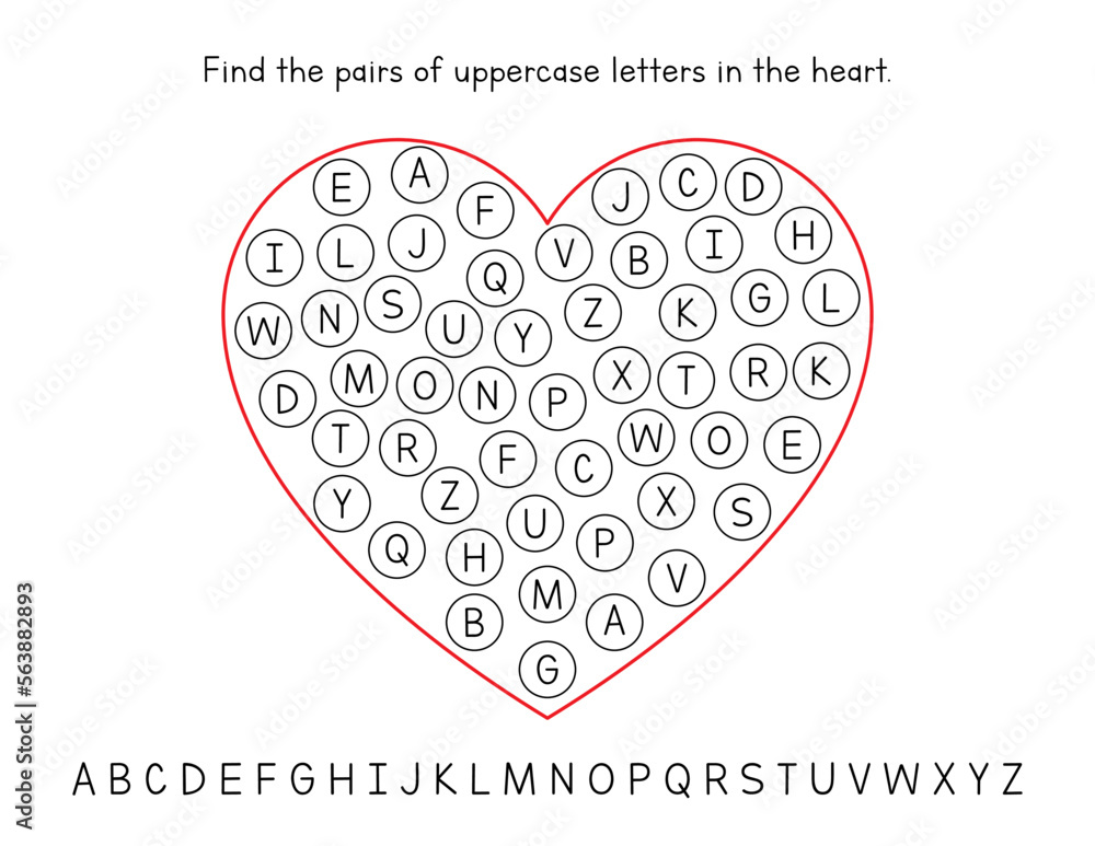 Vetor de Alphabet worksheet for kids. Find pairs of uppercase letters ...