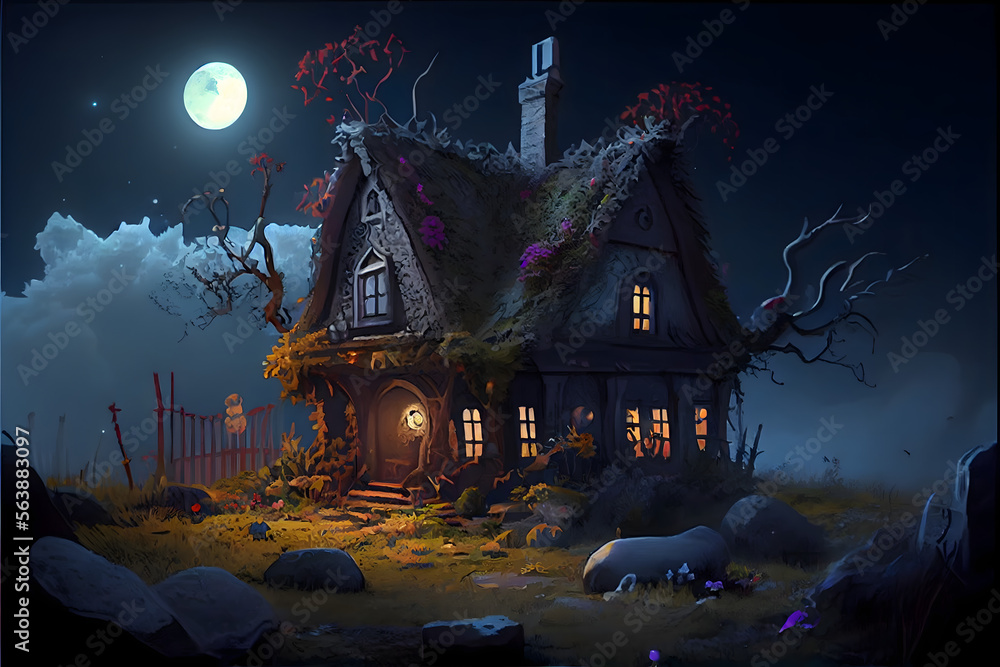 Haunted house in the woods in dark medieval world, generative ai Stock ...