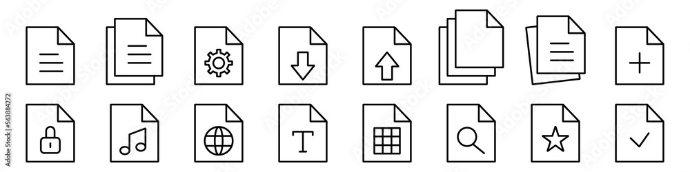 Paper documents icons. Checklist with gears, check marks, magnifier and ...
