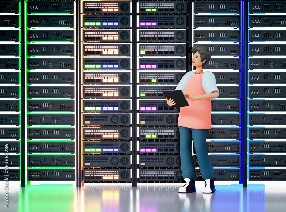 IT engineer is working with rack and computers in server room. Internet ...